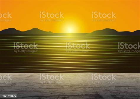 바다 수평선 배경 벡터 일러스트 레이 션 위에 황금빛 일출에 빈티지 나무 바닥 0명에 대한 스톡 벡터 아트 및 기타 이미지 0명 경관 관광 Istock