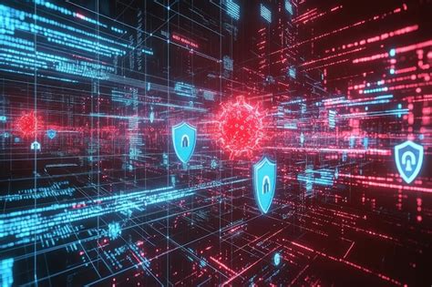 A Digital Representation Of Cybersecurity With Shields And Data Streams Premium Ai Generated Image