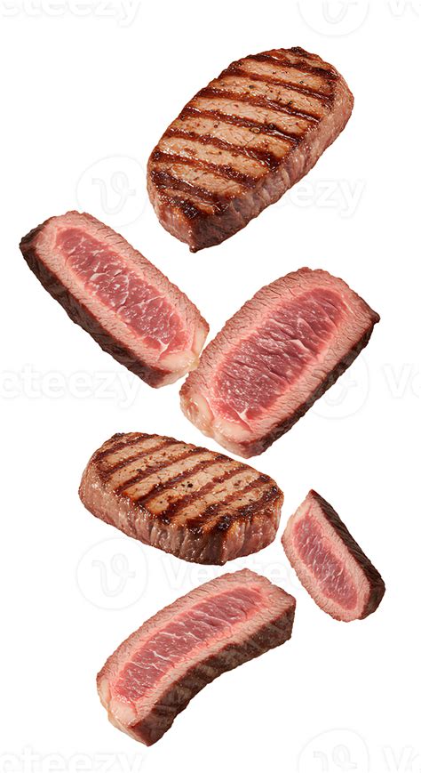 Beef Steak Slices Falling Down Slices Of Medium Done Steak Flying