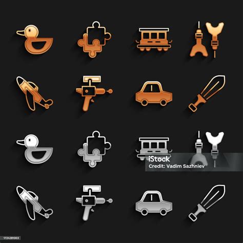 레이 건 다트 화살 칼 장난감 장난감 자동차 비행기 여객 열차 차량 고무 오리 및 퍼즐 조각 아이콘을 설정합니다 벡터 검은색에 대한 스톡 벡터 아트 및 기타 이미지 Istock