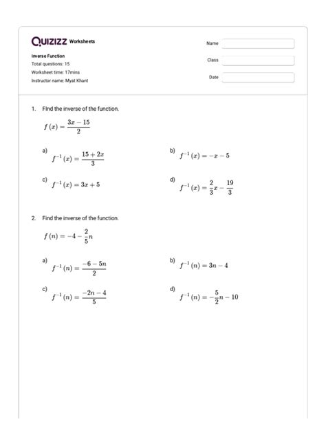 Inverse Function Quizizz Pdf