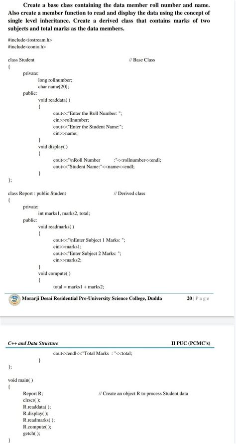 Create A Base Class Containing The Data Member Roll Number And Name