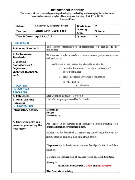 Lesson Plan In Science 7 Acceleration Pdf Acceleration Velocity