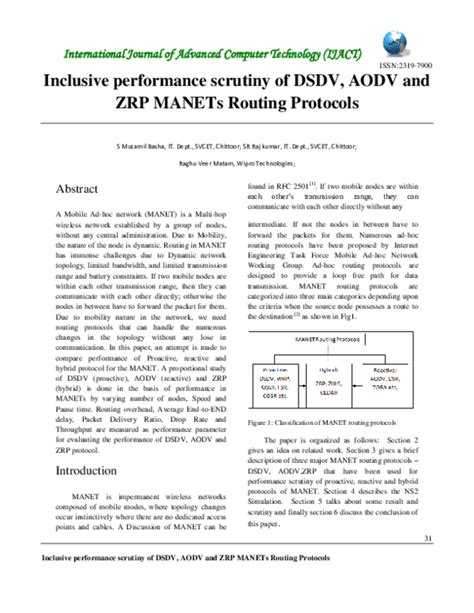 Pdf Inclusive Performance Scrutiny Of Dsdv Aodv And Zrp Manets Routing Protocols