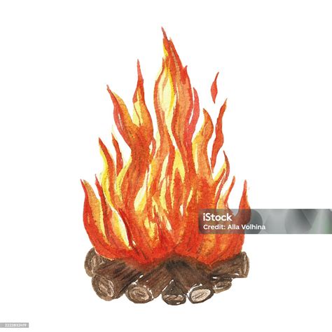 캠프 파이어 불 불을 밝히다 자연 속의 캠프 파이어 나무 굽기 수채화 일러스트 레이 션 노랑에 대한 스톡 벡터 아트 및 기타 이미지 Istock