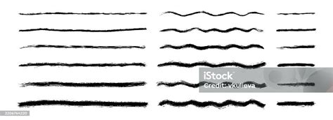 스트레이트 및 물결 모양의 페인트 라인 세트 얇거나 두꺼운 스케치 브러시 스트로크 컬렉션 하이라이트 밑줄 강조를 위한 거친 차콜