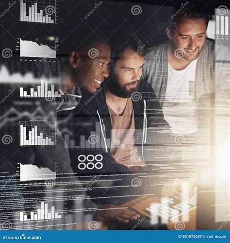 Software Development Overlay Man And Team With Computer At Night For