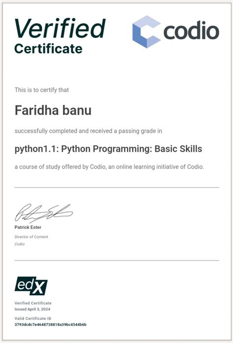 Completed Python Programming Basic Skills By Codio Faridha Banu Posted On The Topic Linkedin