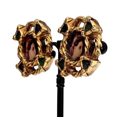 Vintage Frederic Volle Paris Portrait Cameo Earrings Gem
