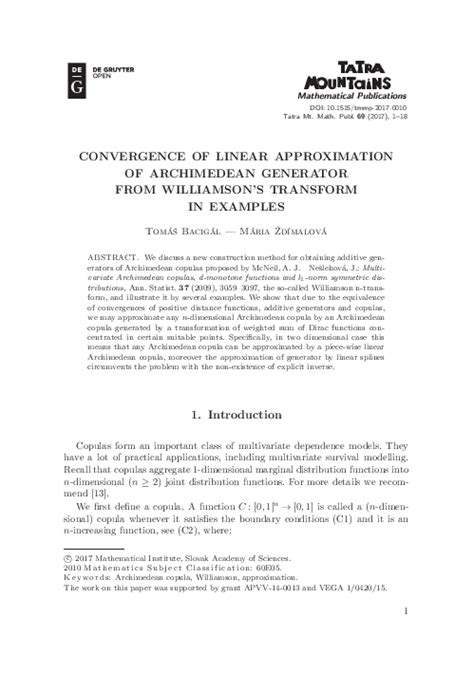 Pdf Convergence Of Linear Approximation Of Archimedean Generator From Williamsons Transform