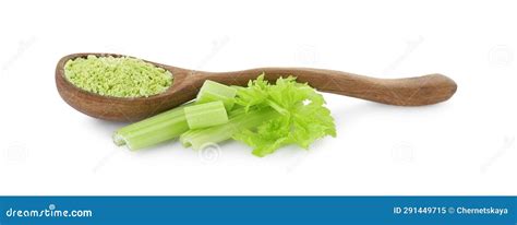 Wooden Spoon Of Celery Powder And Fresh Cut Stalk Isolated On White Stock Image Image Of
