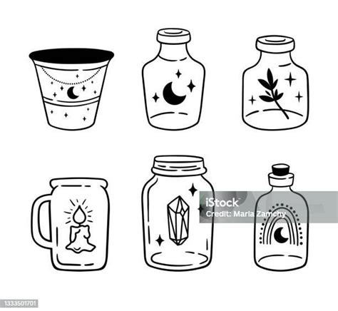 메이슨 항아리 클립 아트 번들 천체 마법 항아리 흑백 유리 병 흰색 배경에 고립 된 항목 무지개 달과 별 크리스탈 벡터 일러스트 세트와 신비한 병을 윤곽 달 하늘에 대한