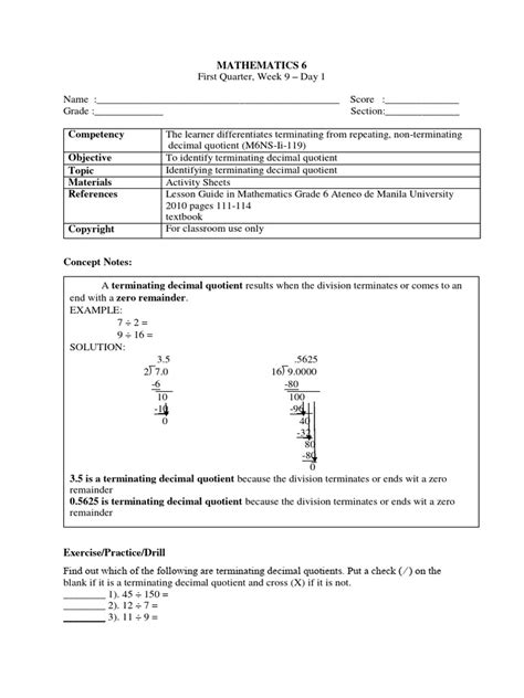 Math 6 Q1 Las Wk 9 Day 1 5 Pdf Mathematics Arithmetic