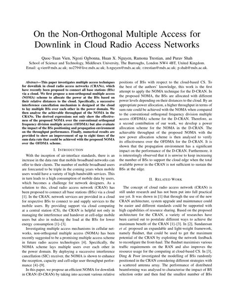 Pdf On The Non Orthogonal Multiple Access For Downlink In Cloud Radio