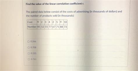 Solved Find The Value Of The Linear Correlation Coefficient