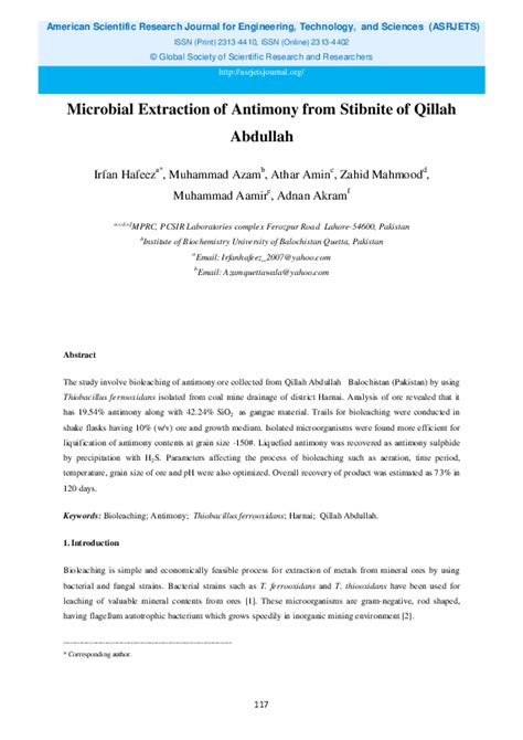Pdf Microbial Extraction Of Antimony From Stibnite Of Qillah Abdullah