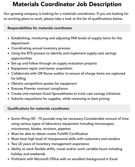 Materials Coordinator Job Description Velvet Jobs