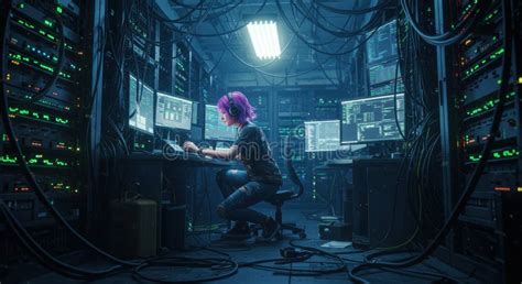 Woman With Purple Hair Working On Multiple Computer Screens In A Dimly Lit Server Room While