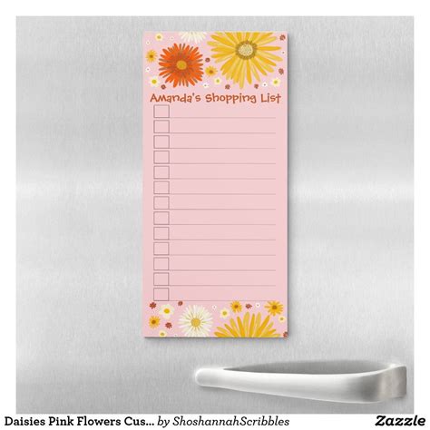 Daisies Pink Flowers Custom Grocery Shopping List Magnetic Notepad