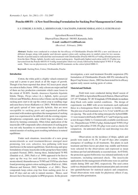 Pdf Poncho 600 Fs A New Seed Dressing Formulation For Sucking Pest Management In Cotton