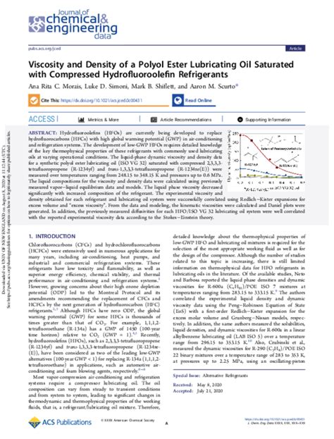 Pdf Viscosity And Density Of A Polyol Ester Lubricating Oil Saturated
