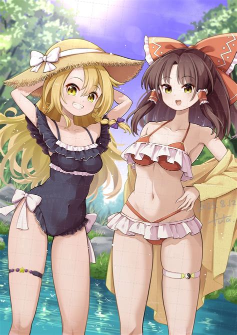 Futa Nabezoko Hakurei Reimu Kirisame Marisa Touhou Commentary Request 2girls Alternate