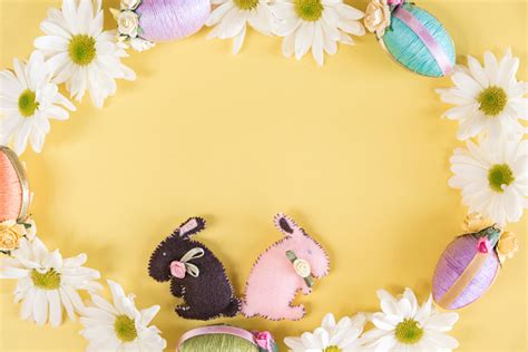 부활절 달걀 토끼 그리고 데이지 단색 파스텔 노란색 배경에 화 환 0명에 대한 스톡 사진 및 기타 이미지 0명 4월 공예 Istock
