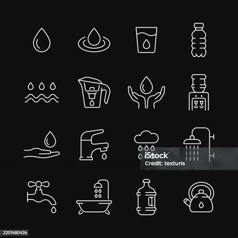검은 배경에 설정된 워터 라인 흰색 아이콘입니다 드롭 컵 병 쿨러 목욕 비가 오는 구름 물 꼭지와 벡터 컬렉션입니다 편집 가능한 스트로크 개체 그룹에 대한 스톡 벡터 아트