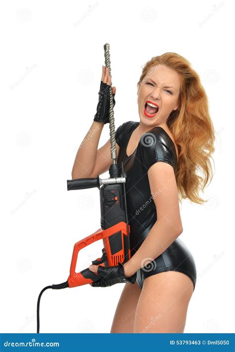 Woman Contractor Worker With Construction Drill Perforatorw Stock Image