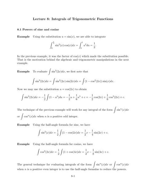 Lecture 8 Integrals Of Trigonometric Functions