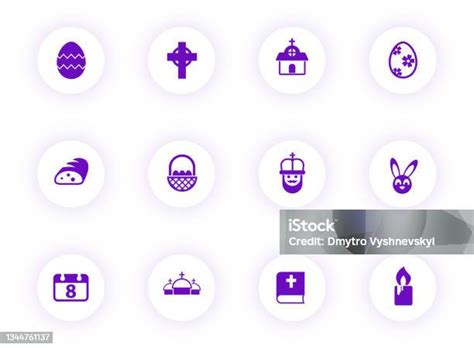 보라색 그림자가있는 밝은 둥근 버튼에 부활절 보라색 색상 벡터 아이콘 웹 모바일 앱 Ui 디자인 및 인쇄용 부활절 아이콘 세트 바구니에 대한 스톡 벡터 아트 및 기타 이미지
