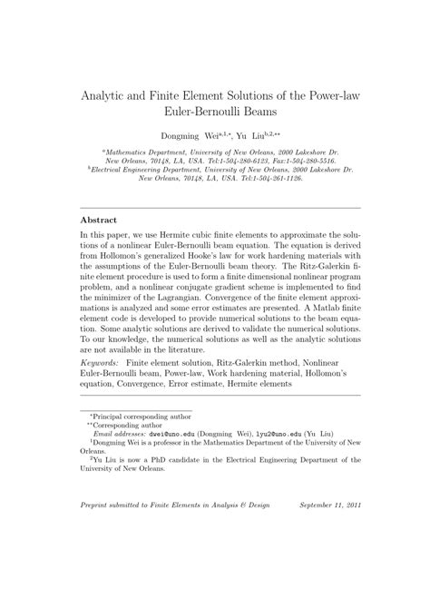 Pdf Analytic And Finite Element Solutions Of The Power Law Euler Bernoulli Beams