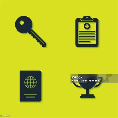 키 트로피 컵 여권 및 임상 기록 아이콘을 설정합니다 벡터 1위에 대한 스톡 벡터 아트 및 기타 이미지 1위 International Match 건강 진단 Istock