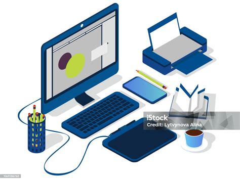 프리랜서 작업의 벡터 분해 그림입니다 그래픽 디자인 소프트웨어와 함께 데스크톱 컴퓨터 그래픽 태블릿 펜 서류 스케치 연필 프리랜서 디자이너 작업 등측투영법에 대한 스톡 벡터