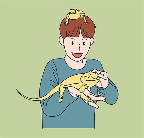 유토이미지 한 소년이 손과 머리위에 도마뱀을 올려놓고 있다 손그림 스타일 일러스트레이션