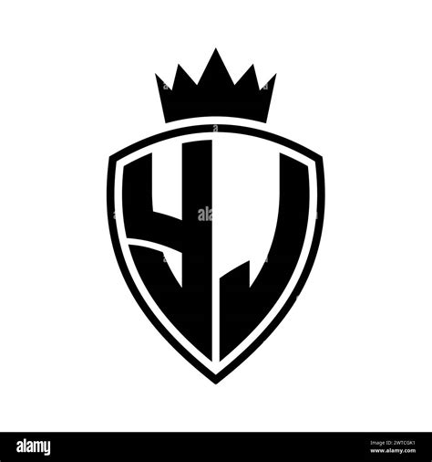 Yj Letter Bold Monogram With Shield And Crown Outline Shape With Black And White Color Design