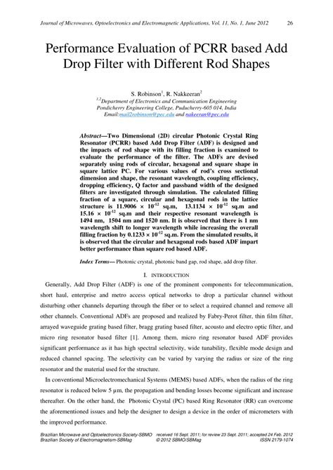 Pdf Performance Evaluation Of Pcrr Based Add Drop Filter With Different Rod Shapes