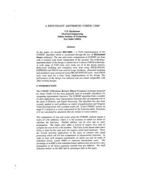 Pdf A Redundant Arithmetic Cordic Chip