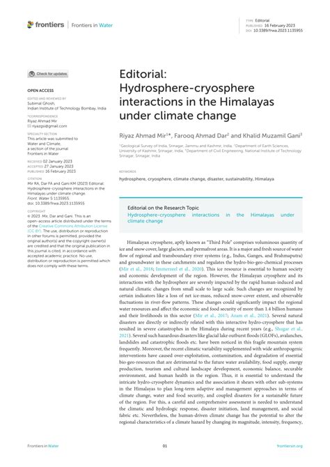 Pdf Editorial Hydrosphere Cryosphere Interactions In The Himalayas