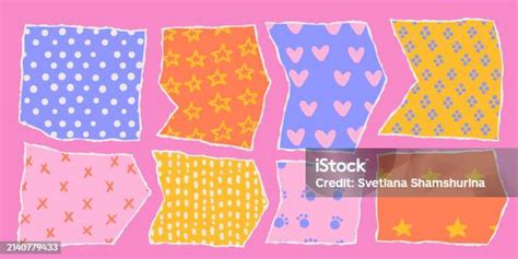 가장자리가 들쭉날쭉한 찢어진 종이 프레임이 설정되어 있습니다 색종이의 모조품 화려한 아이들의 간단한 패턴으로 찢어진 화려한 시트 콜라주 디자인을 위한 템플릿 빈티지 콜라주