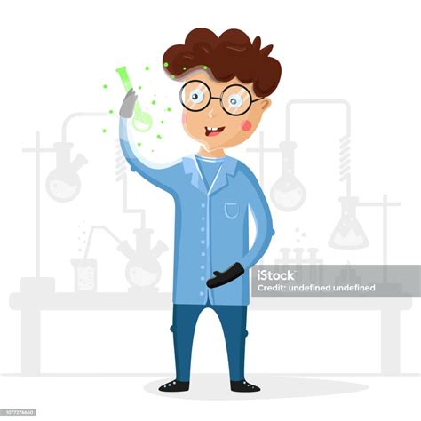 화학을 공부 하는 실험실에서 하는 어린이 과학자 테스트 튜브 및 화학 플라스 크 중 스마트 아이입니다 재미 있는 화학 실험실에 대한 스톡 벡터 아트 및 기타 이미지 Istock
