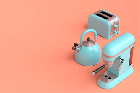 주전자 토스터 산호 배경에 경적과 멀티쿠커가 있는 커피 머신 3차원 형태에 대한 스톡 사진 및 기타 이미지 3차원 형태 디지털 생성 이미지 아침식사 시리얼 Istock