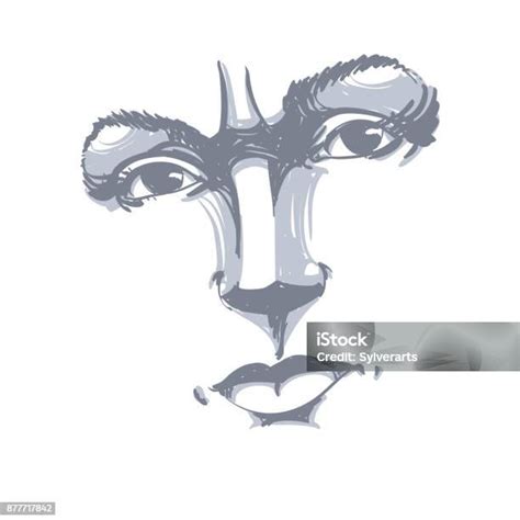 손으로 그린 초상화를 단색 흰색 피부 의심 스러운 여자의 얼굴 특징 및 감정 테마 그림 흰색 바탕에 포즈를 취하는 그녀의 마에 주름과 성 난 여자 관능에 대한 스톡 벡터