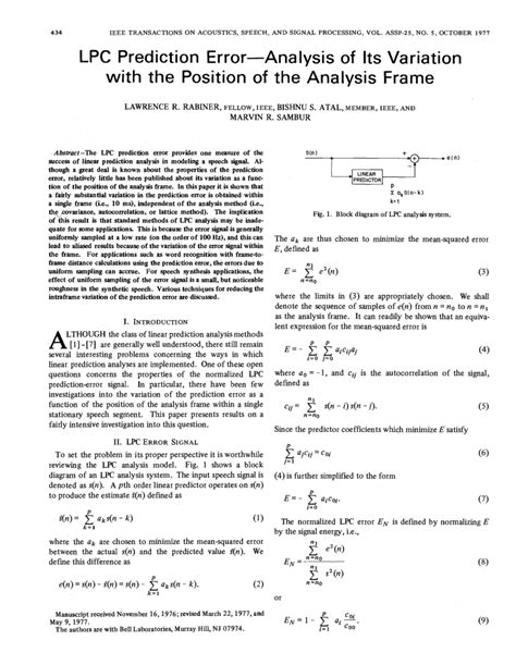 Pdf Lpc Prediction Error—analysis Of Its Variation With The Position