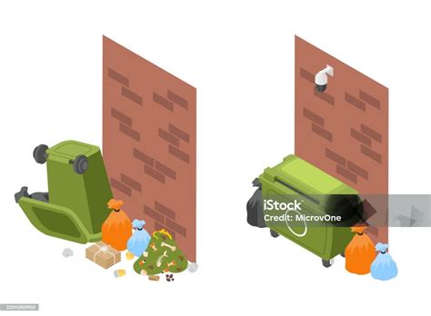 비디오 감시가 있거나 없는 공공 쓰레기 뒤집힌 쓰레기통 쓰레기가 담긴 봉투 유기 플라스틱 종이 더러운 거리 Vs 깨끗한 거리 벡터 아이소 메트릭 개념 가방에 대한 스톡 벡터