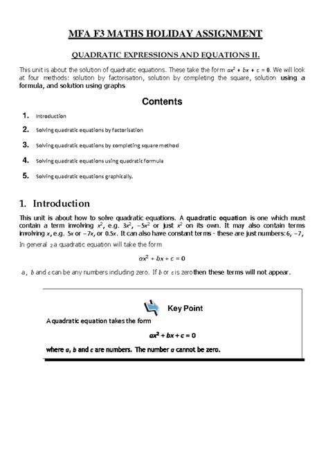Maths F3 Holiday Assignment 2 Mfa F3 Maths Holiday Assignment Quadratic Expressions And