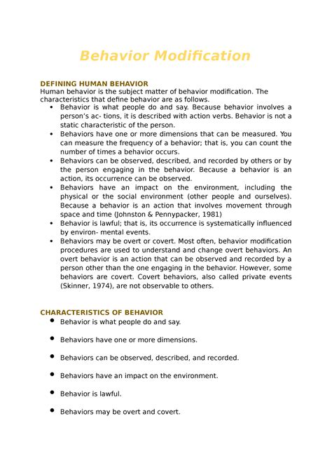 Behavior Modification The Characteristics That Define Behavior Are As