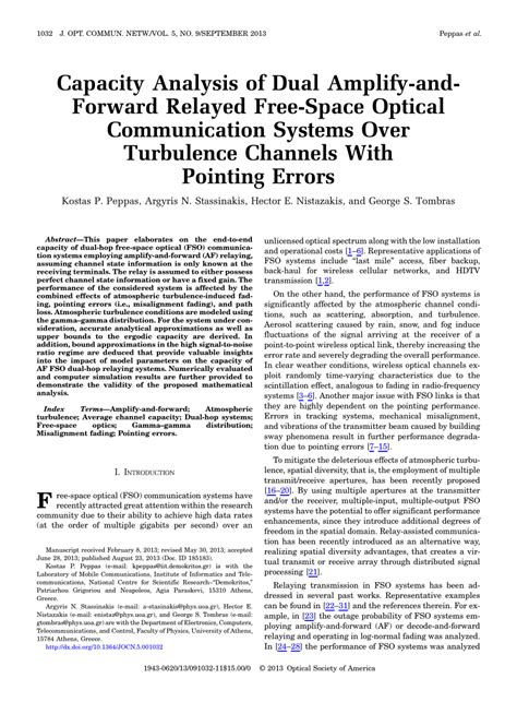 Pdf Capacity Analysis Of Dual Amplify And Forward Relayed Free Space Optical Communication