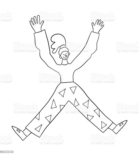 행복한 긍정적 인 여자는 손을 들고 공중에 점프 트렌디 한 소녀입니다 흰색 배경에 낙서 스타일의 벡터 그림 긍정적인 감정 표현에 대한 스톡 벡터 아트 및 기타 이미지