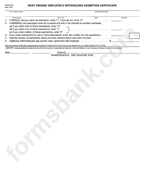 Form Wvit 104 West Virginia Employers Withholding Exemption